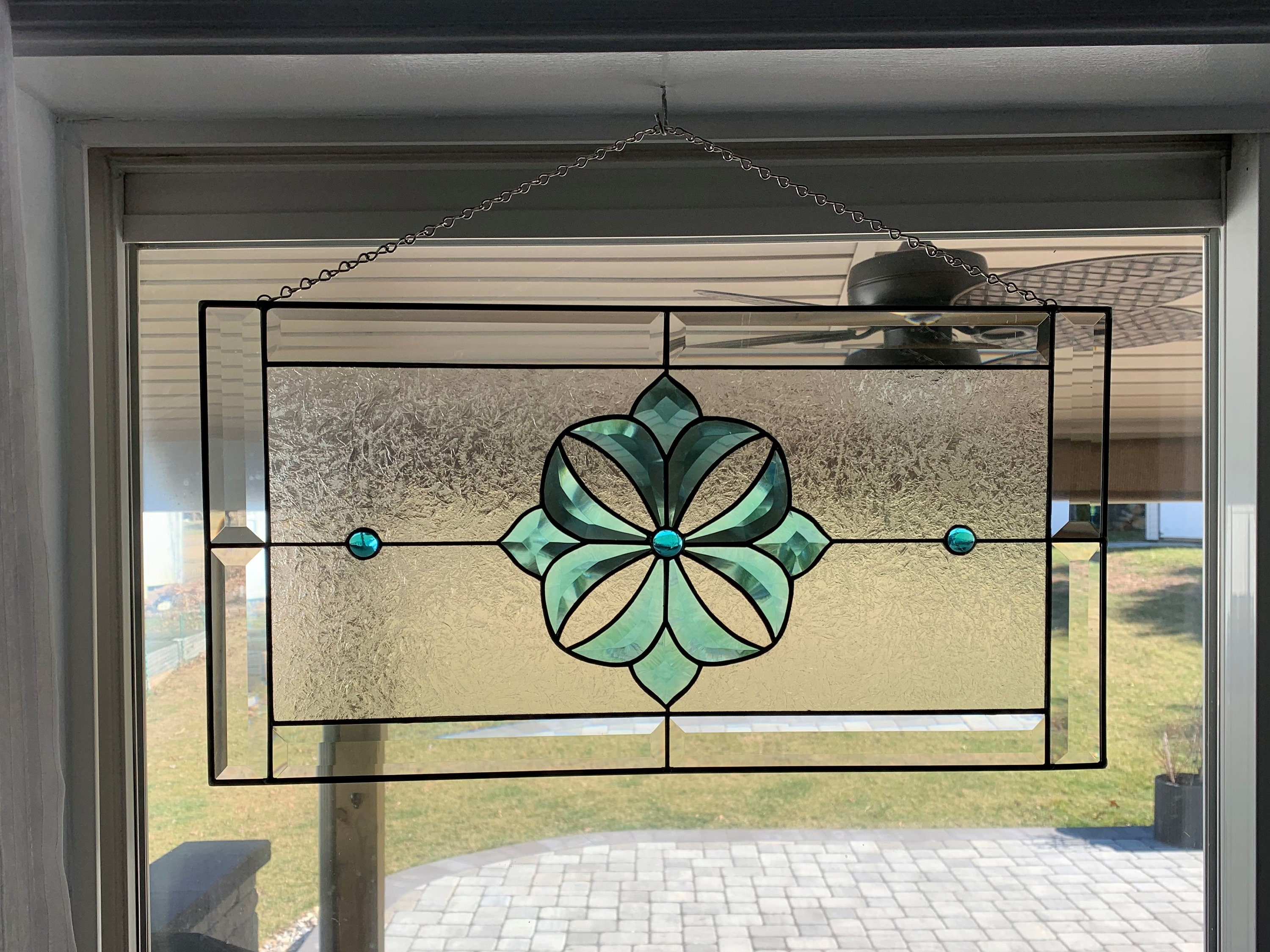 12 x 23 Stained Glass Panel with Turquoise Bevel Flower