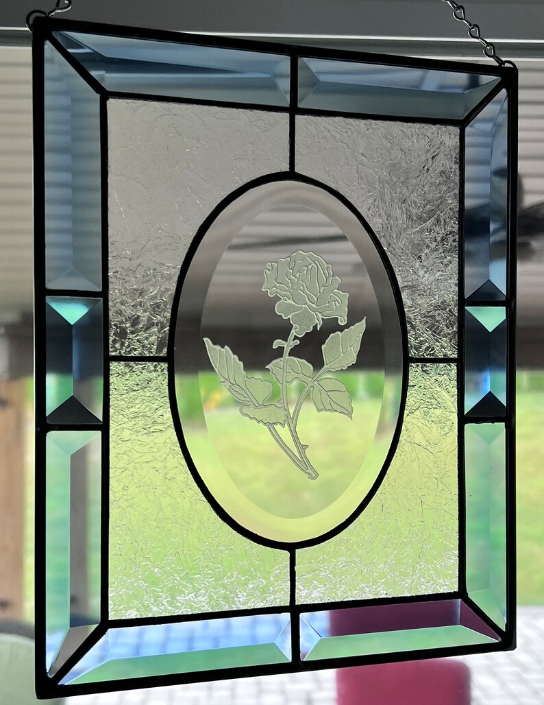 Stained Glass Panel Rose Etched Bevel Center Bevel Gift - Etsy