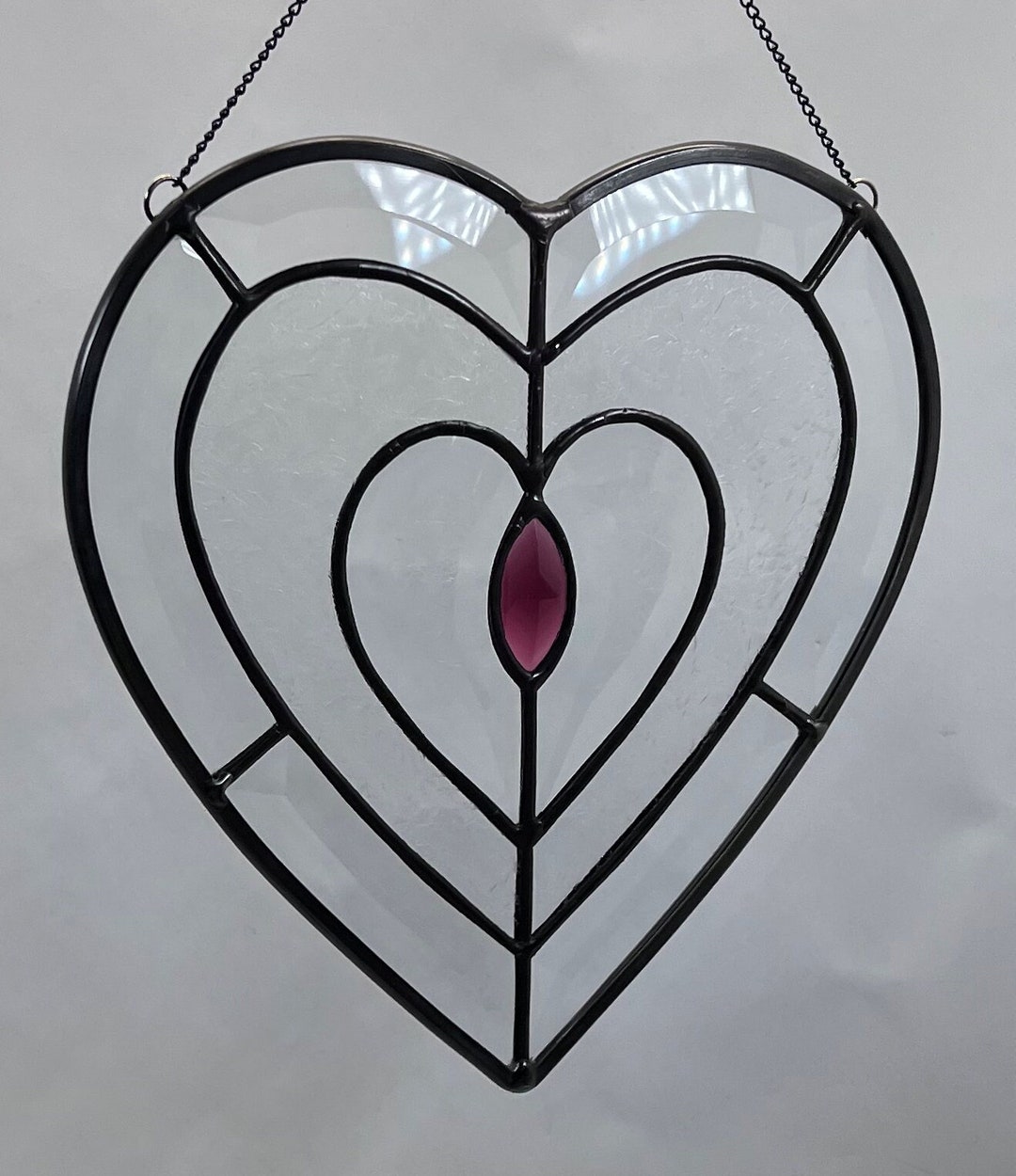 Stained Glass Bevel Heart, 9 1/2" X 9", Faceted Purple Jewel, Hanging ...