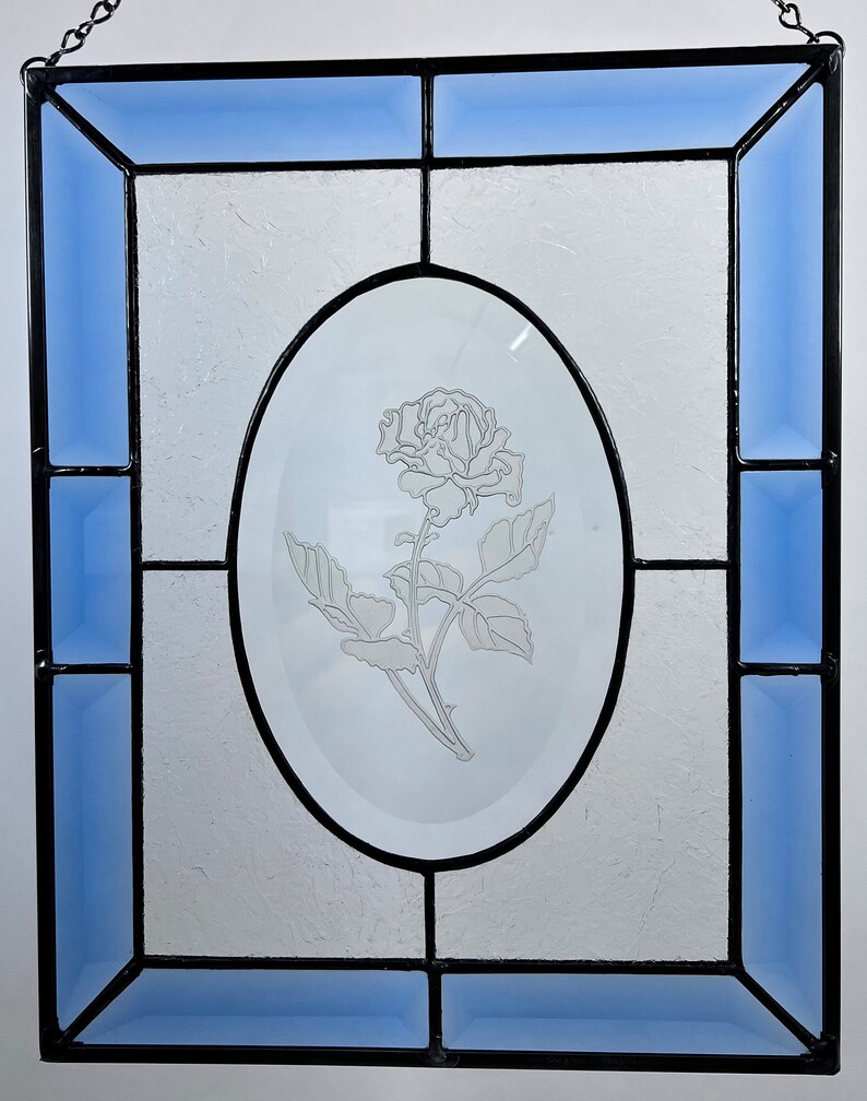 Stained Glass Panel Rose Etched Bevel Center Bevel Gift - Etsy