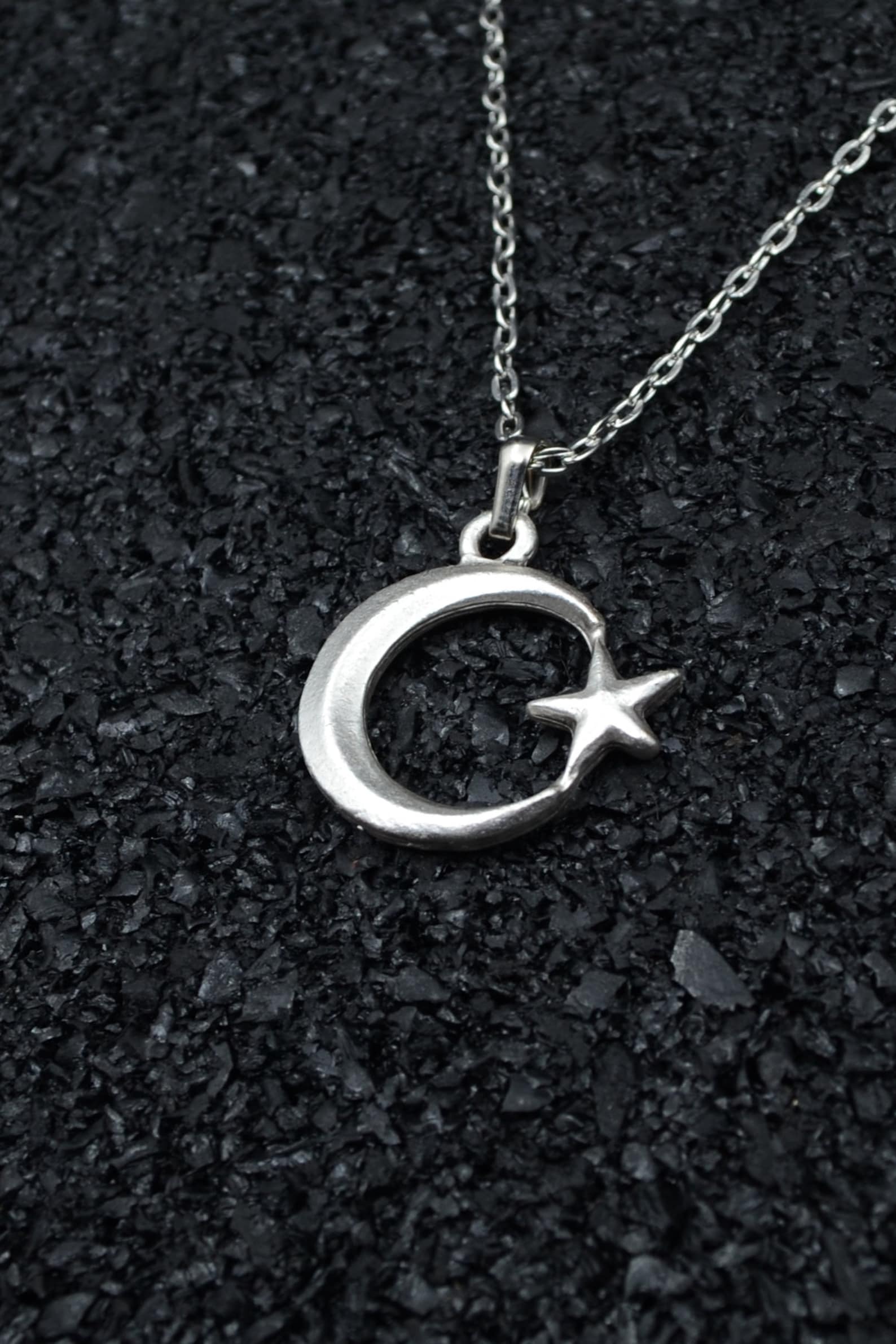 Turkish Moon Star Necklace: Antique Silver Zamak Pendant, Personalized ...
