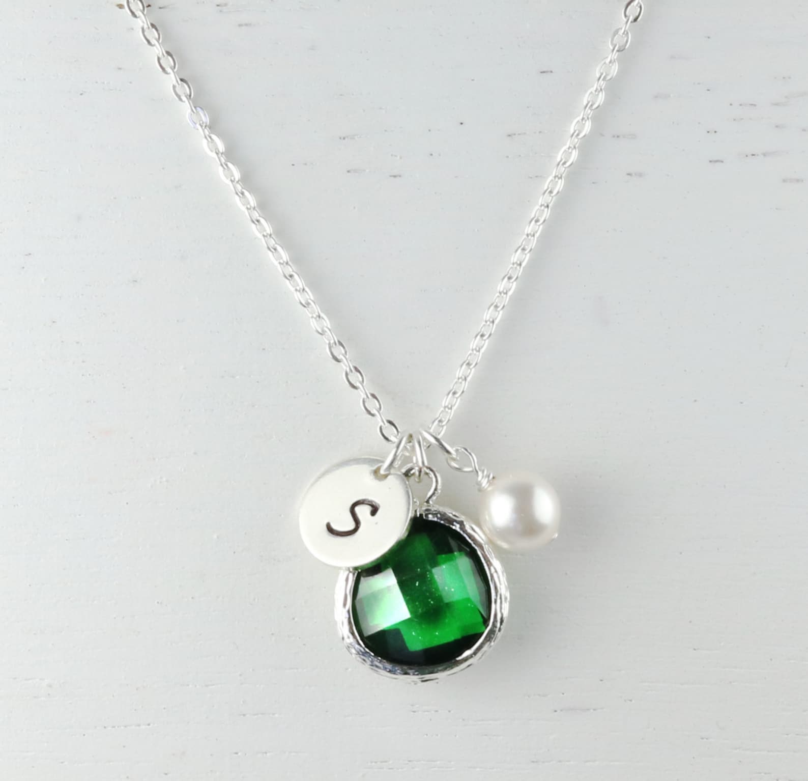 Personalized May Birthstone Necklace Emerald Silver Necklace - Etsy