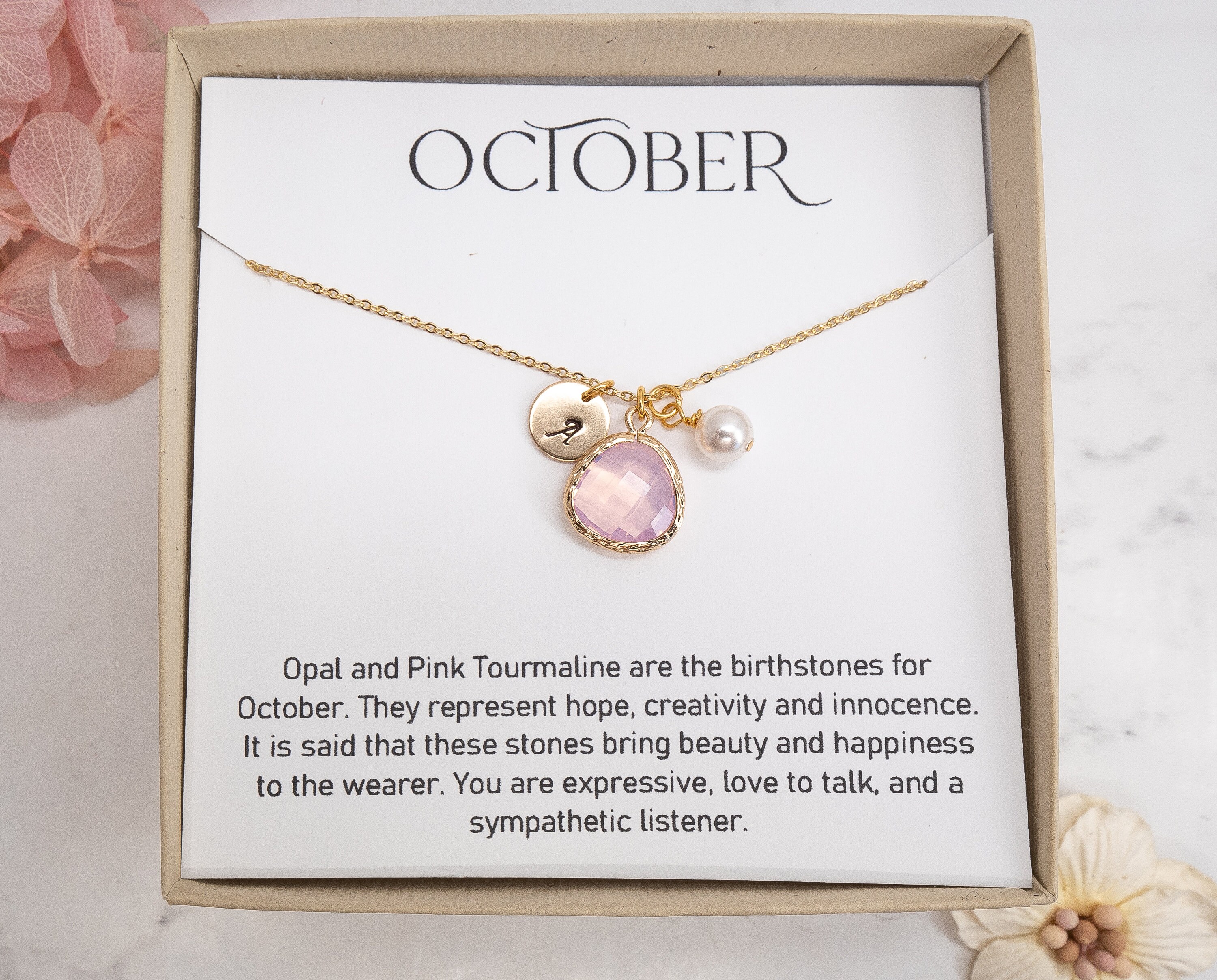 October Birthstone Necklace Personalized Necklace Pink | Etsy