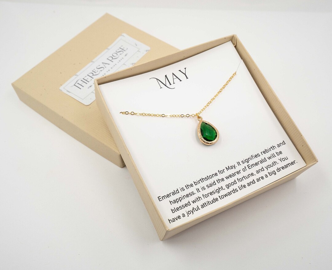 May Birthstone Necklace Emerald Gold Teardrop Necklace May Birthday ...