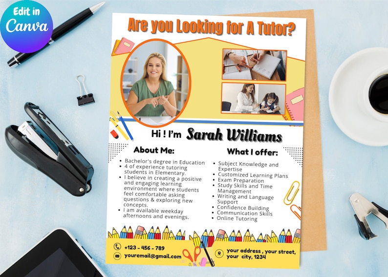 Editable Tutor Flyer Template: English, Math, Online Tutoring (canva ...