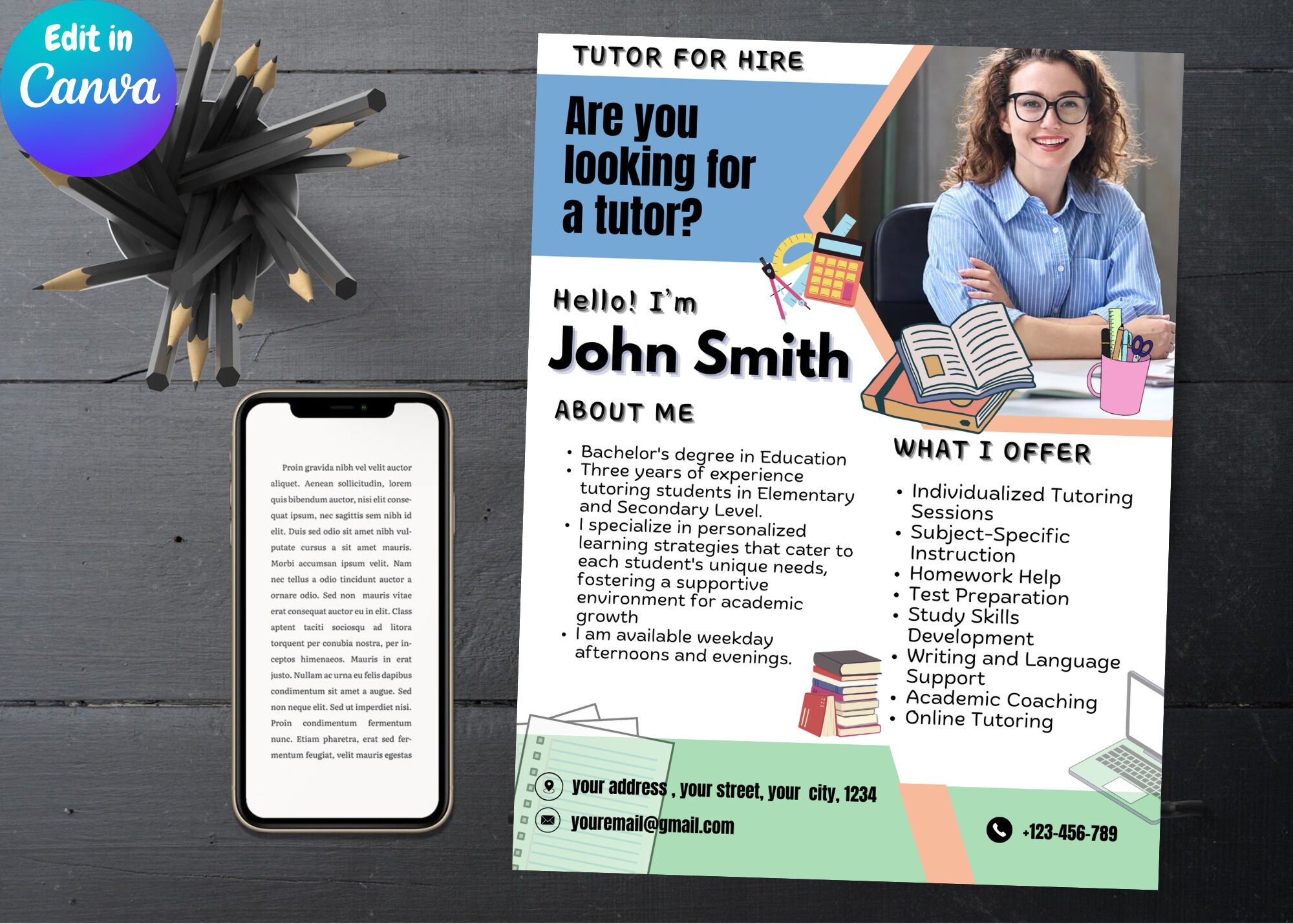 Editable Tutor Flyer Template: English, Math, Online Tutoring (canva ...
