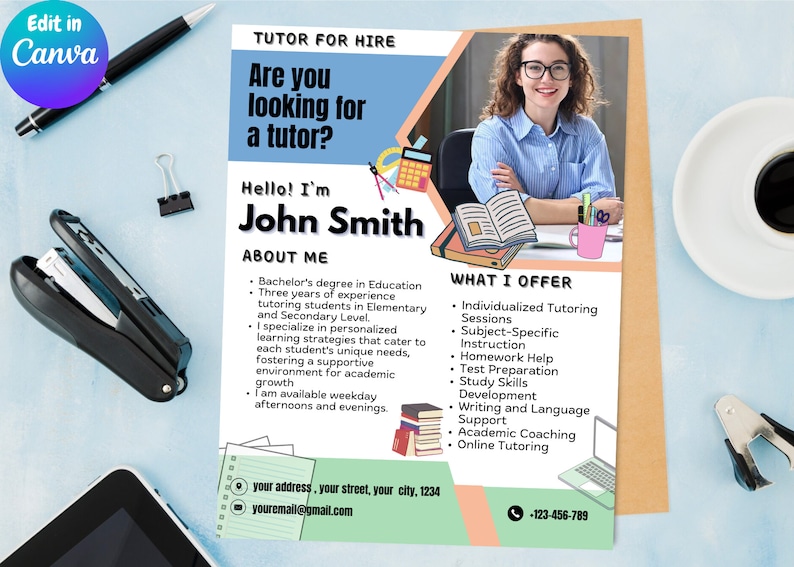 Editable Tutor Flyer Template: English, Math, Online Tutoring (canva ...