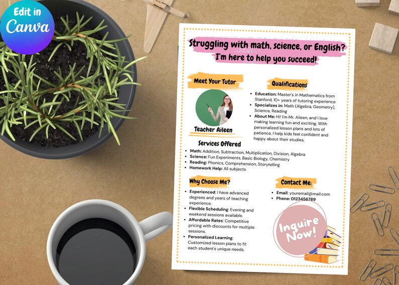 Editable Tutoring Flyer Template | English, Math Tutor Designs | Online ...