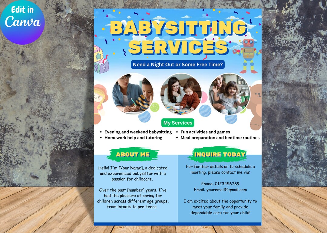 Editable Babysitting Flyer Template: Childcare & Nanny Services (canva ...
