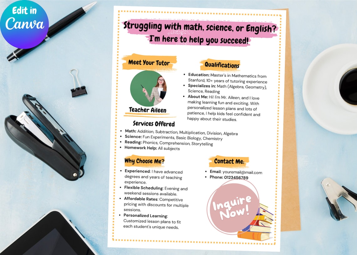 Editable Tutoring Flyer Template English, Math Tutor Designs Online ...