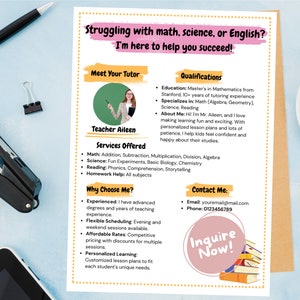 Editable Tutoring Flyer Template | English, Math Tutor Designs | Online ...