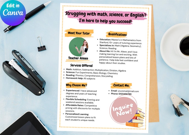 Editable Tutoring Flyer Template | English, Math Tutor Designs | Online ...