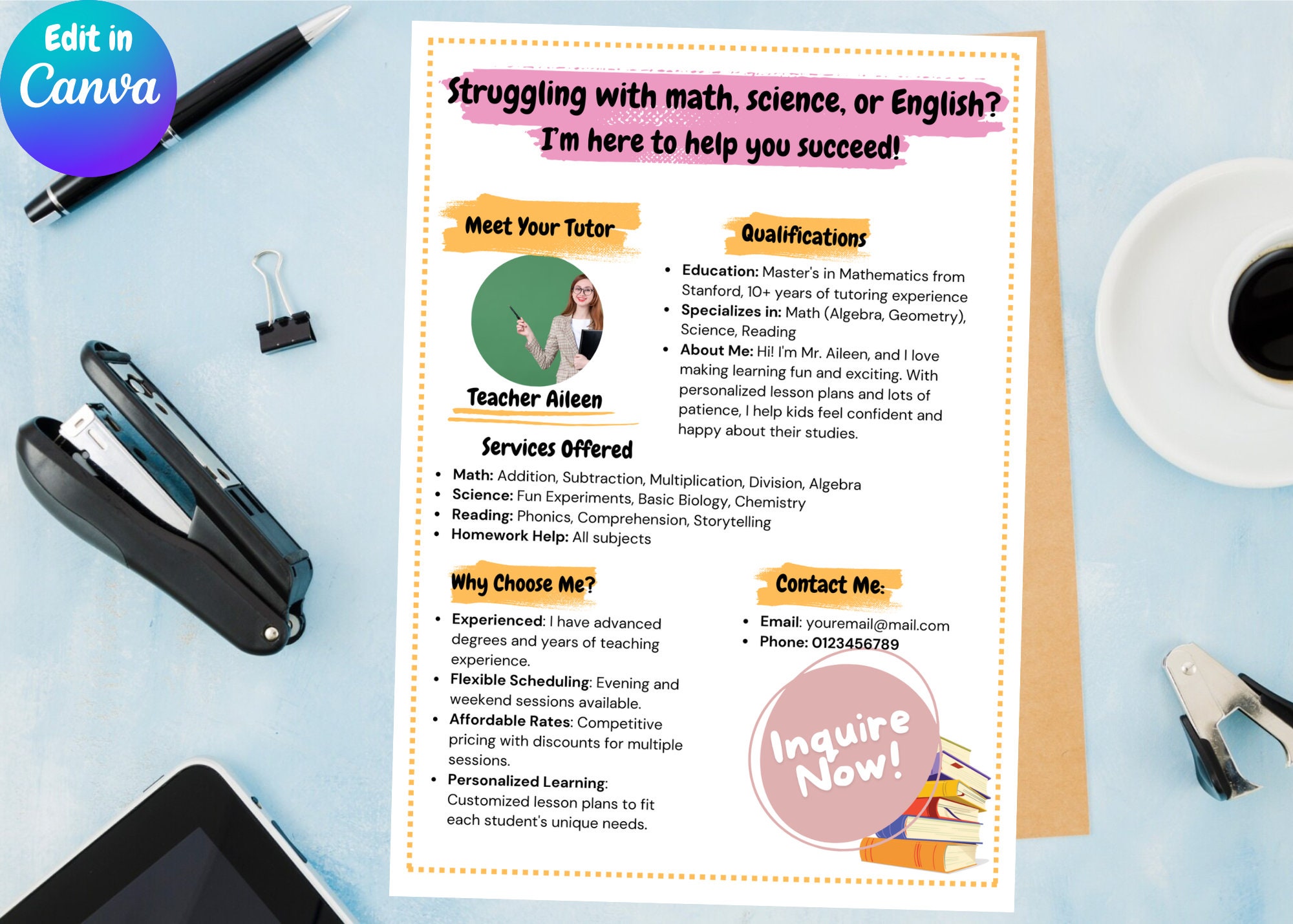 Editable Tutoring Flyer Template | English, Math Tutor Designs | Online ...