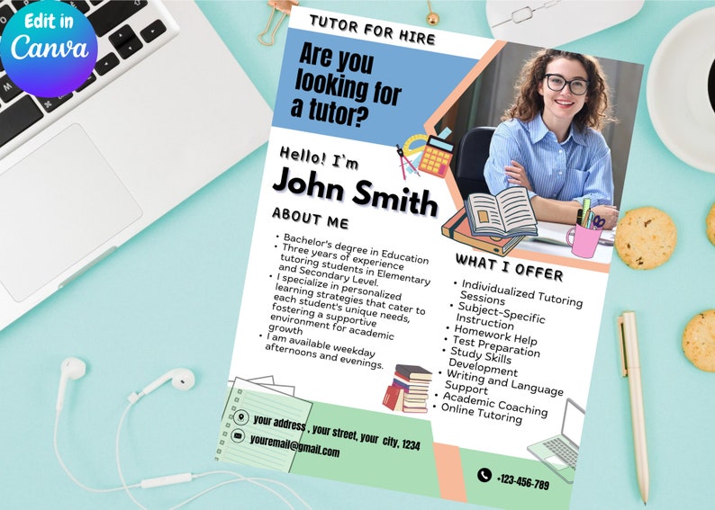 Editable Tutor Flyer Template: English, Math, Online Tutoring (canva ...