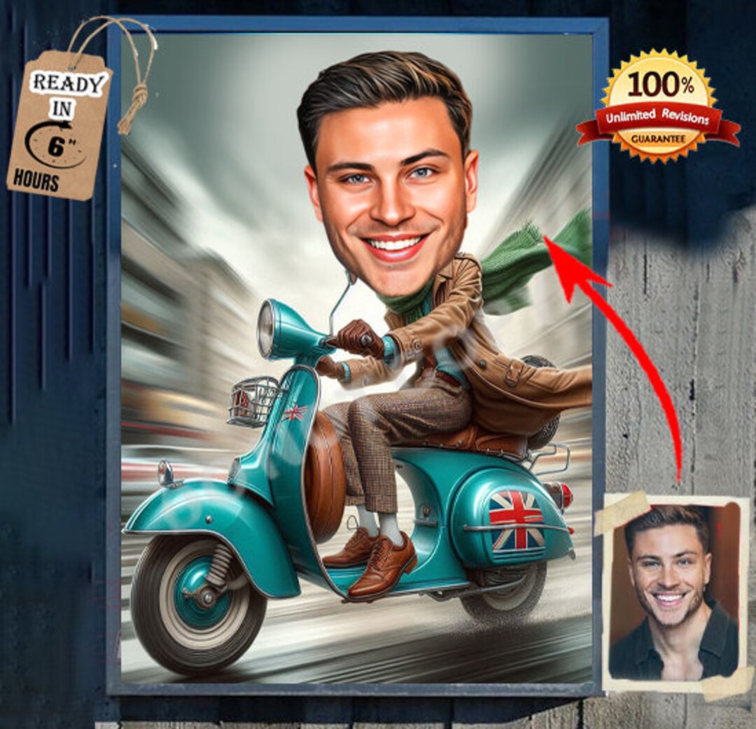 Personalised Scooter Cartoon Portrait, Custom Vespa Caricature Drawing ...