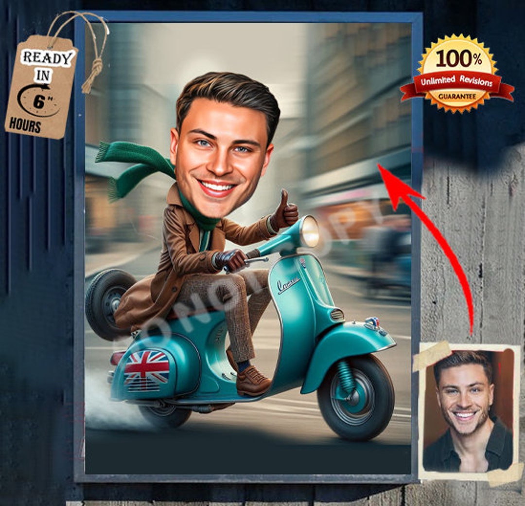 Personalised Scooter Cartoon Portrait, Custom Vespa Caricature Drawing ...