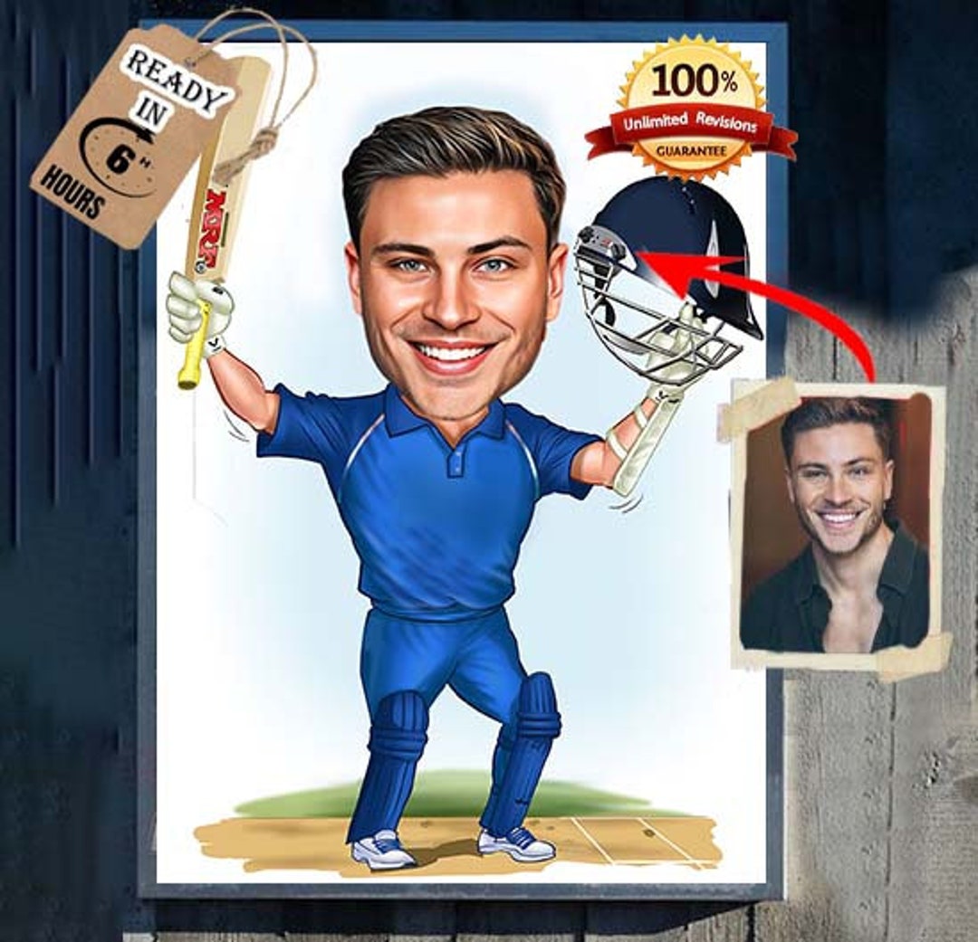 Custom Cricket Player Cartoon Portrait, Cricket Caricature, Gift for ...