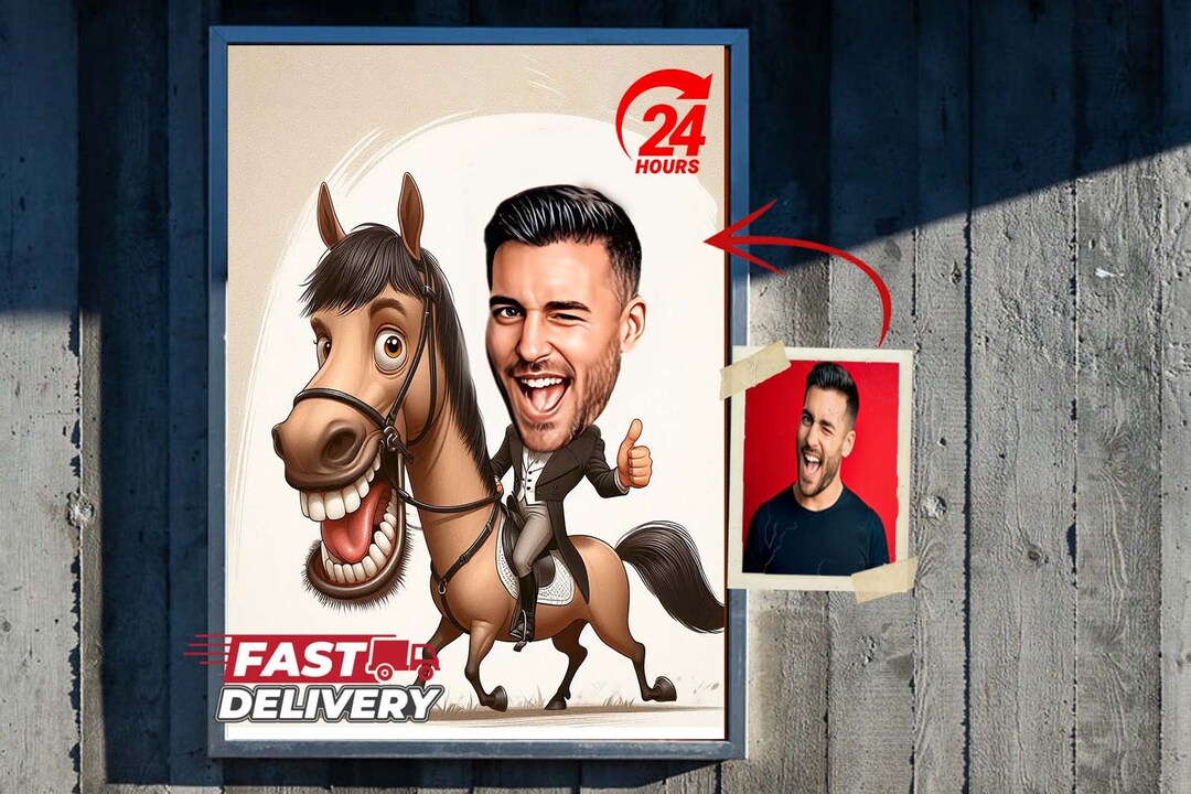 Custom Dressage Cartoon Portrait Horse Rider Caricature Funny Horse ...