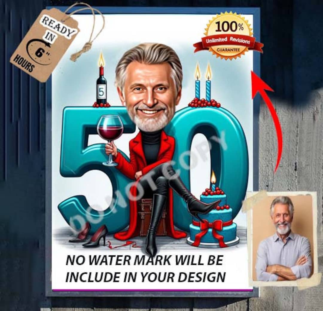 CUSTOMIZED 50TH BIRTHDAY Caricature ,happy 50 Birthday Cartoon Portrait ...