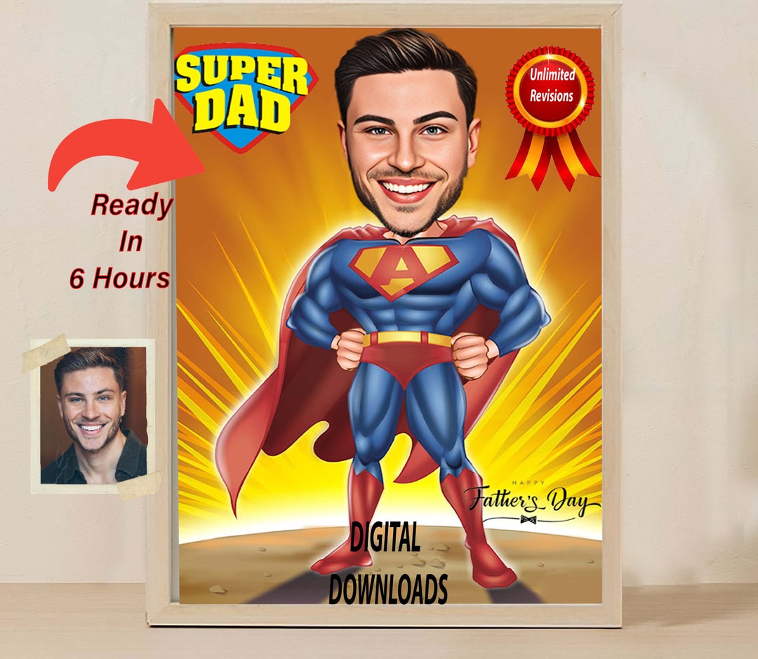 FATHERS DAY Caricature Super Dad Cartoon Portrait Unique Gift for Dad ...