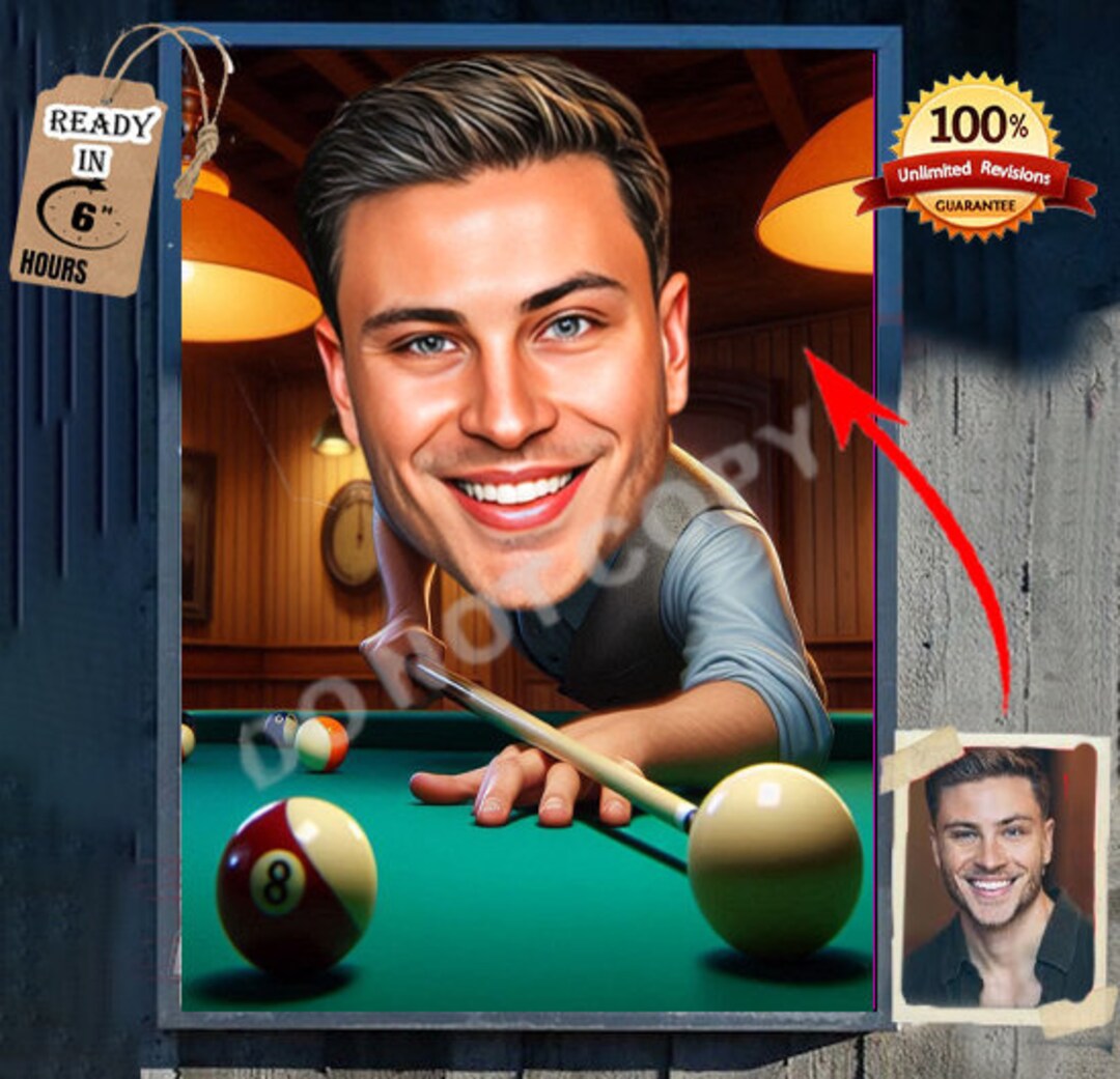 CUSTOM SNOOKER Caricature Personalised Cartoon American Pool Player ...