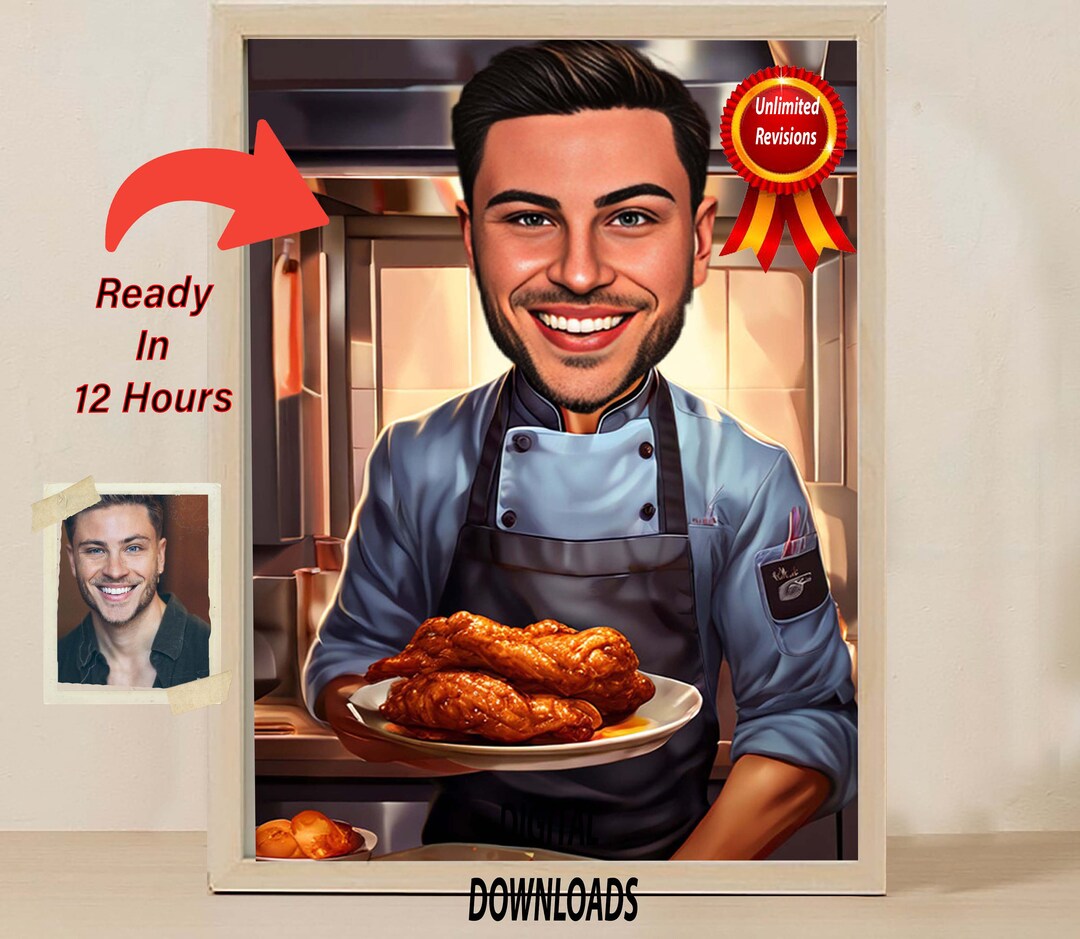 CUSTOM MALE CHEF Caricature Chef Cartoon Portrait Chef Gift Funny Chef ...