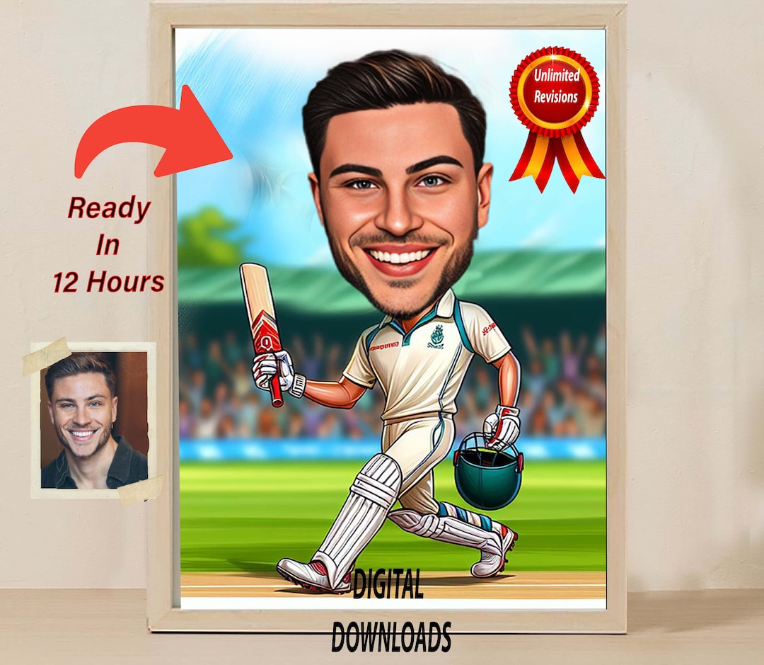 Cricket Caricature Cartoon Drawing From Photo for Cricket Player Gift ...