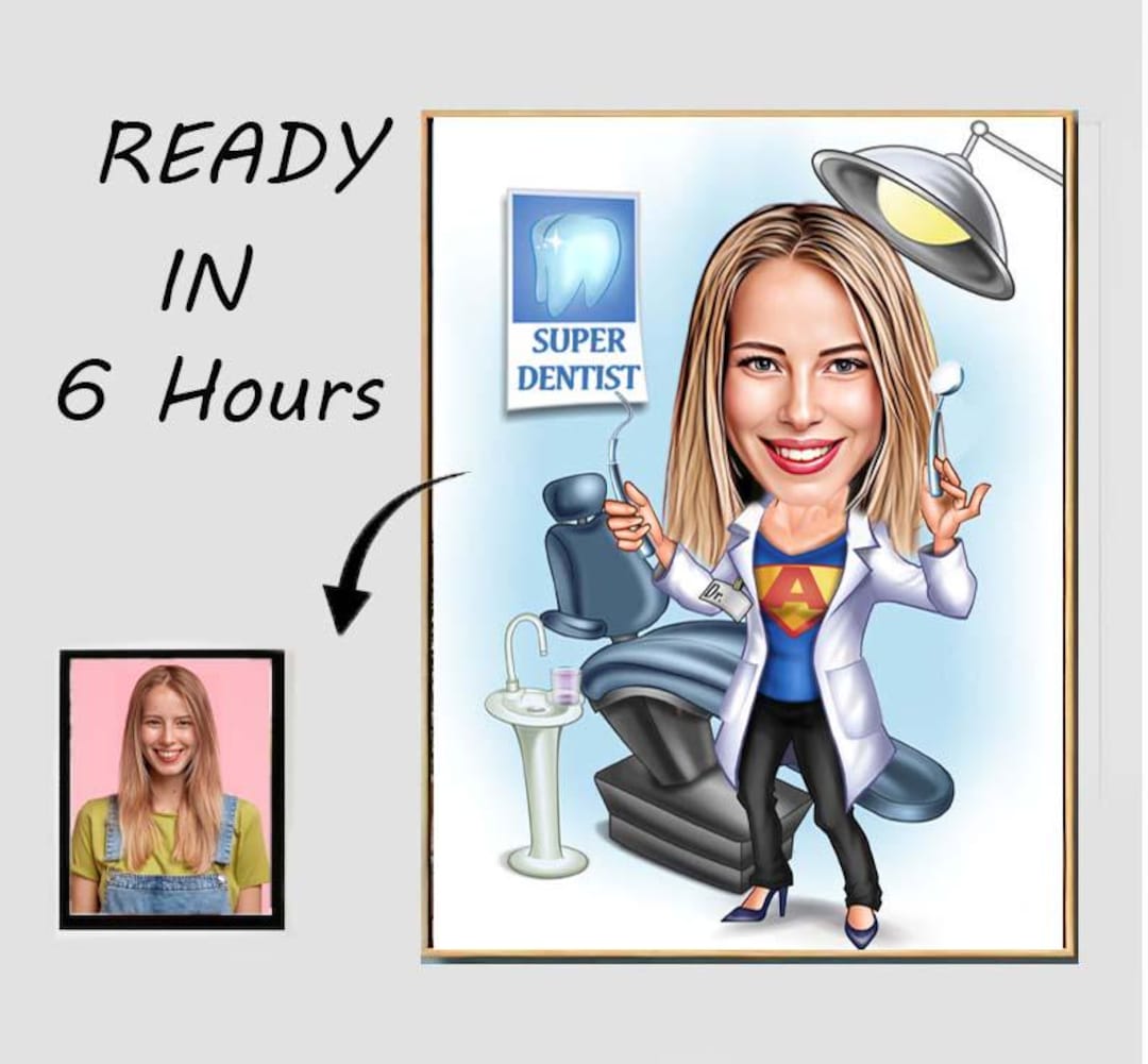 Super Female Dentist, Custom Caricature Portrait, Cartoon Dental Woman ...
