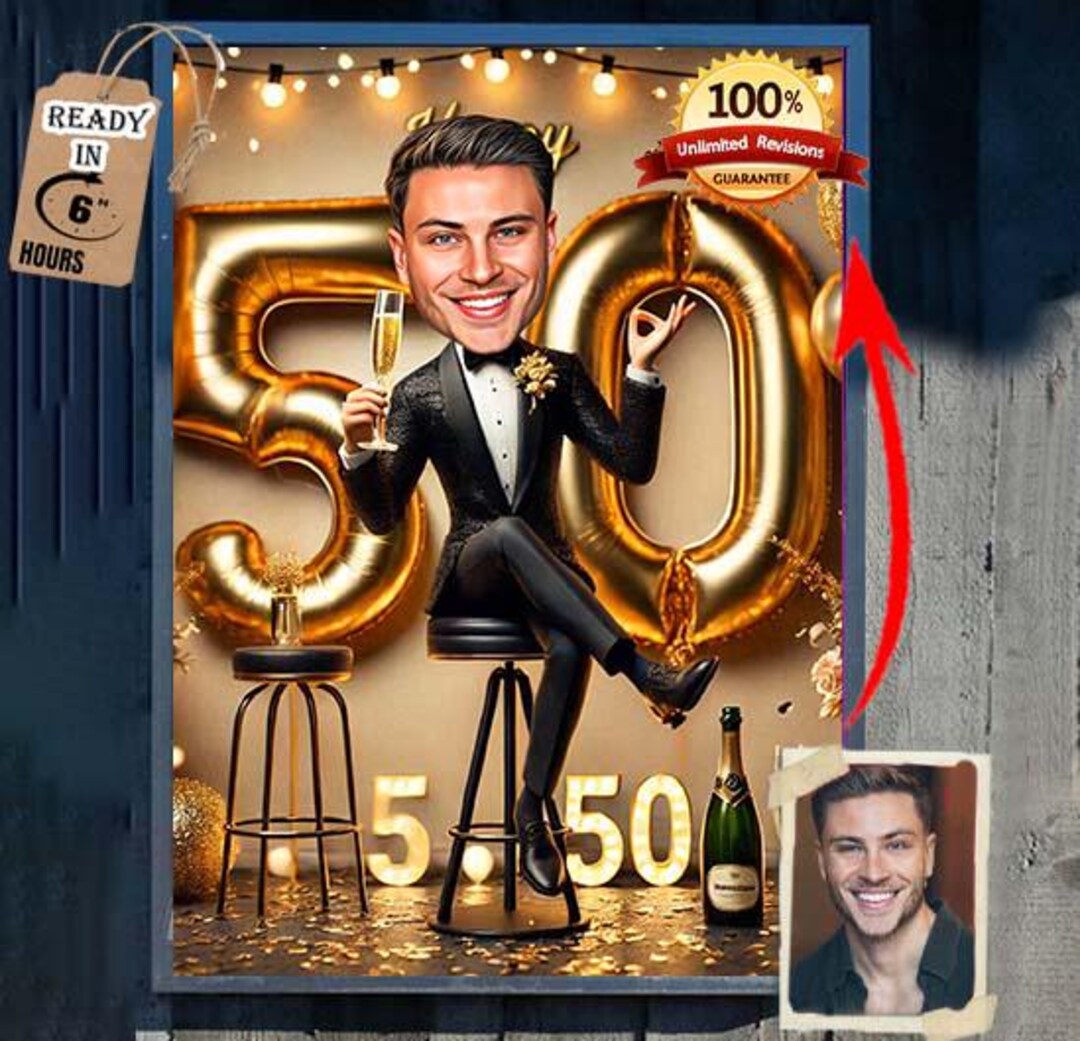 Personalised 50th Cartoon Portrait, Custom Happy Birthday Caricature ...