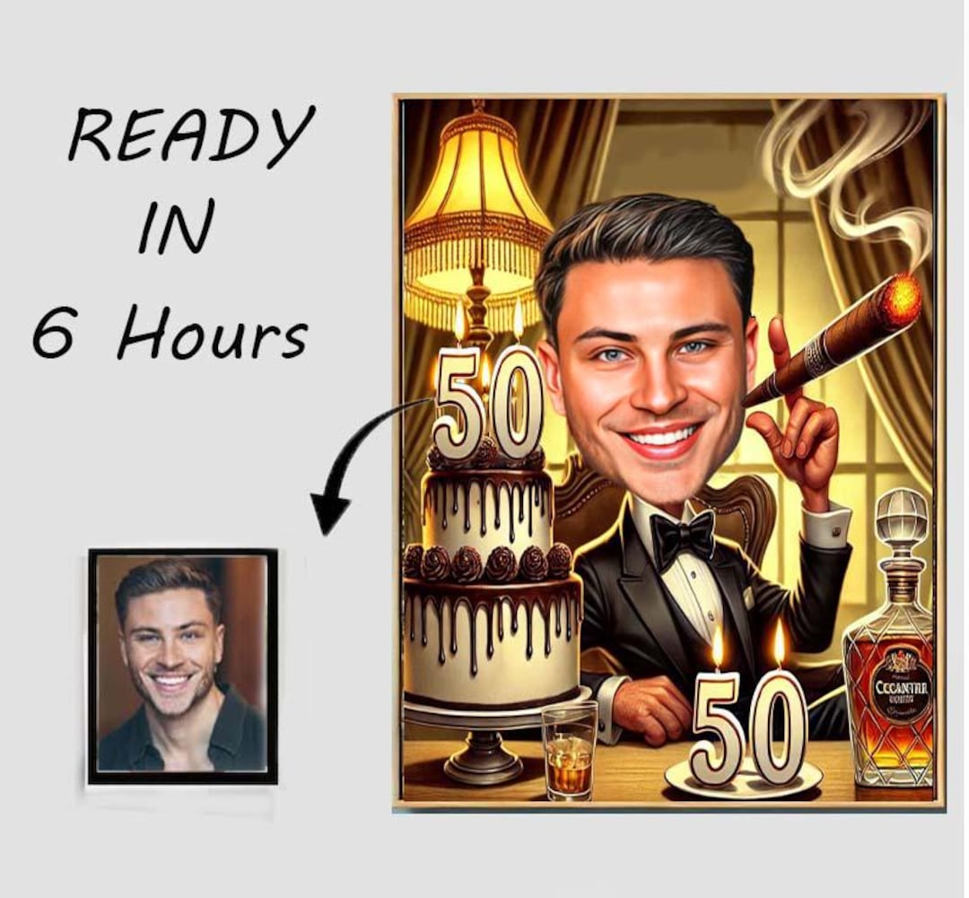 Personalised 50th Cartoon Portrait, Custom Happy Birthday Caricature ...