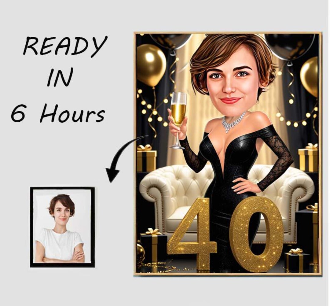 Personalised 40th Cartoon Portrait, Custom Happy Birthday Caricature ...