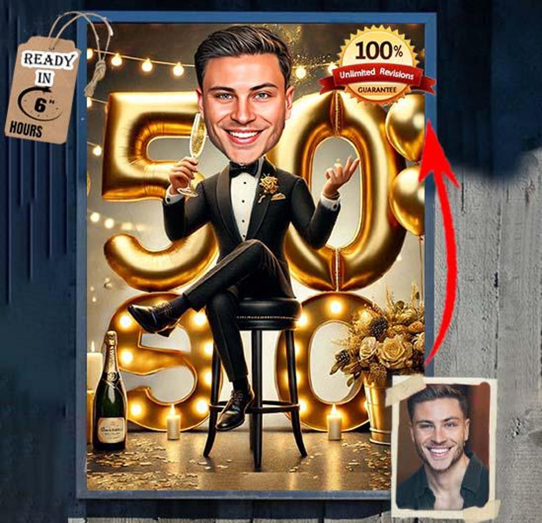 Personalised 50th Cartoon Portrait, Custom Happy Birthday Caricature ...