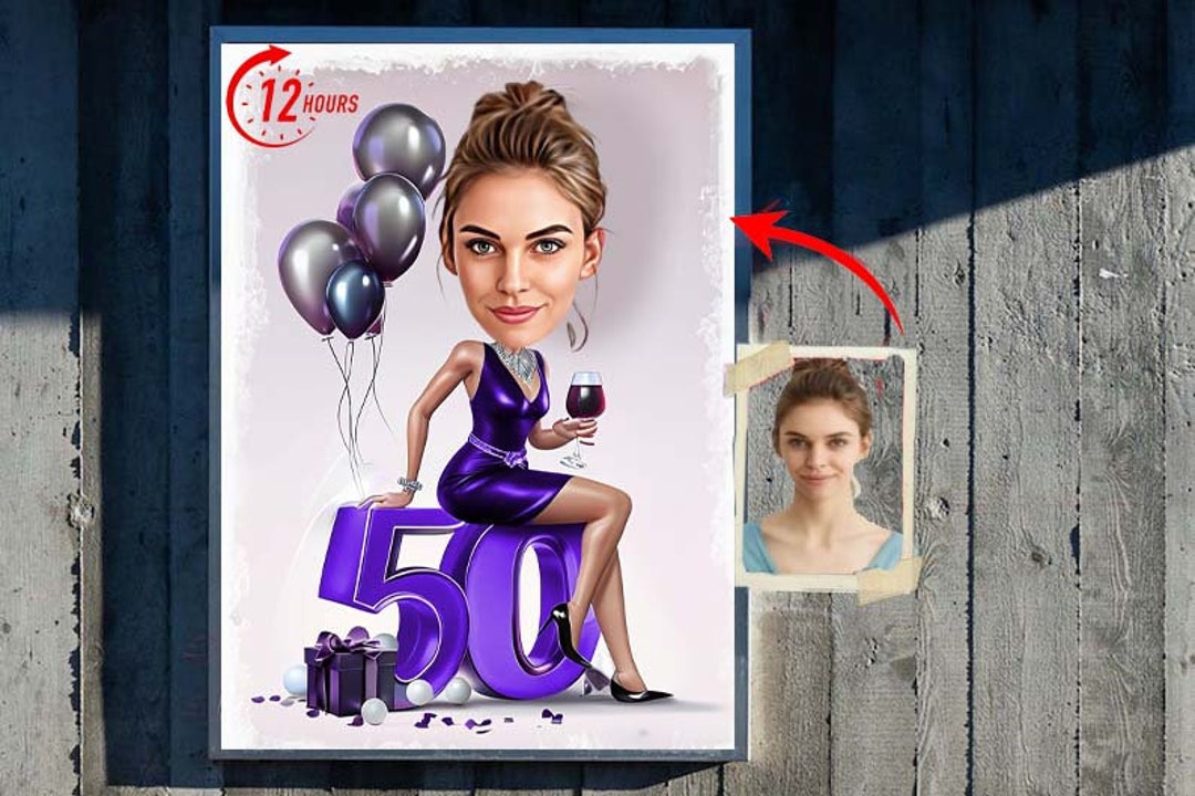 50th BIRTHDAY CARICATURE Cartoon Drawing From Photo Unique Wall Décor ...