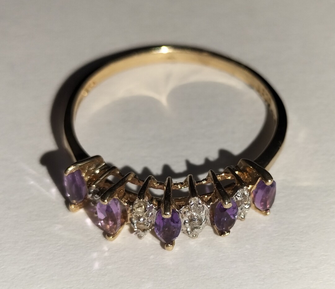 Vintage Signed AFJC 10k Gold Amethyst and Diamond Chip Ring Size Q (18 ...