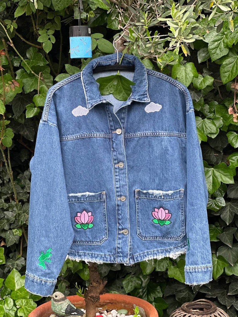Embroidered Denim Jacket "egrets' Flight" - Etsy
