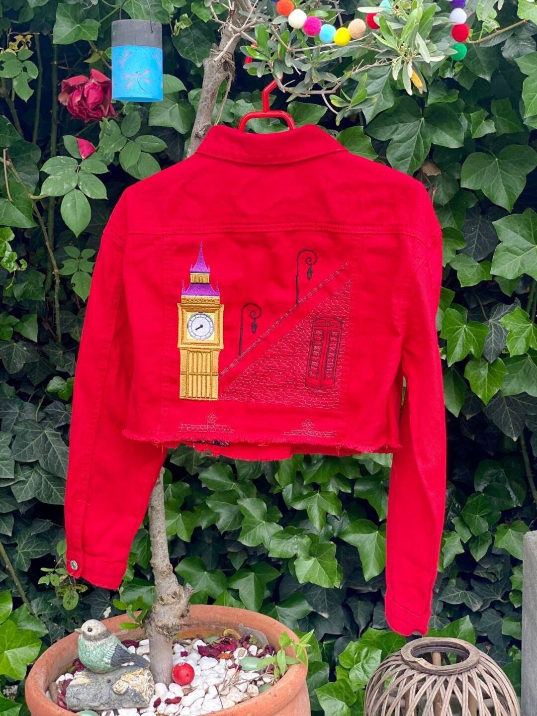 Embroidered Red Denim Crop Jacket "london Dream" - Etsy