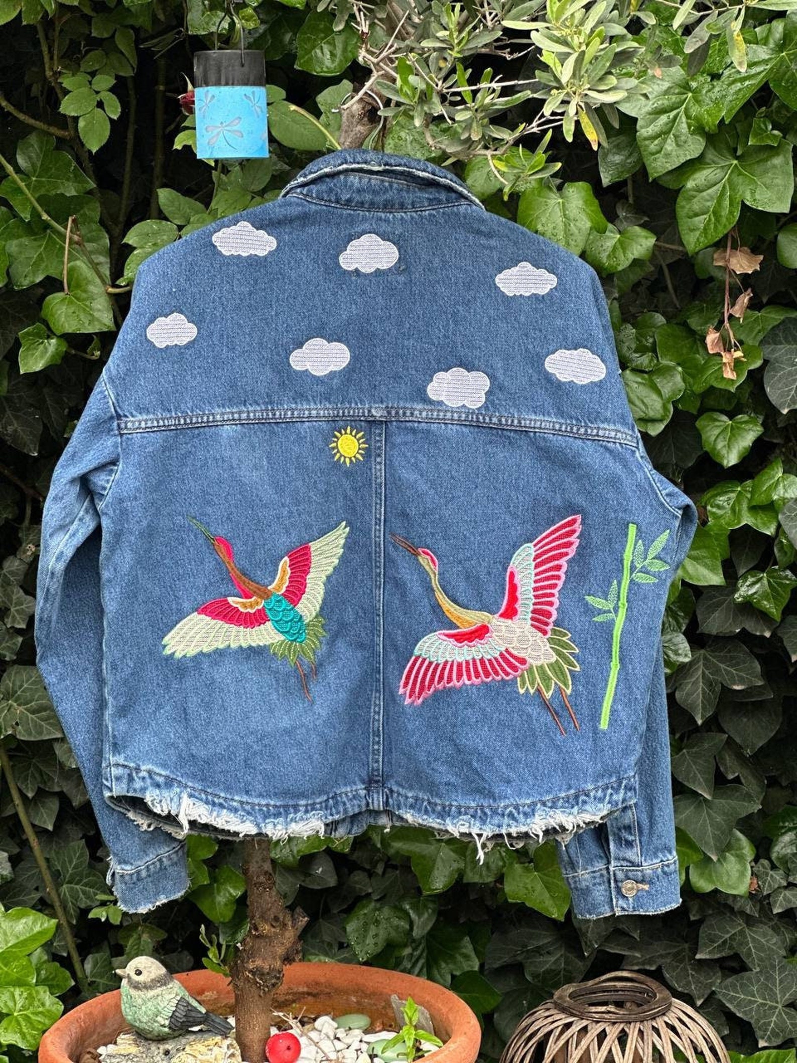 Embroidered Denim Jacket "egrets' Flight" - Etsy
