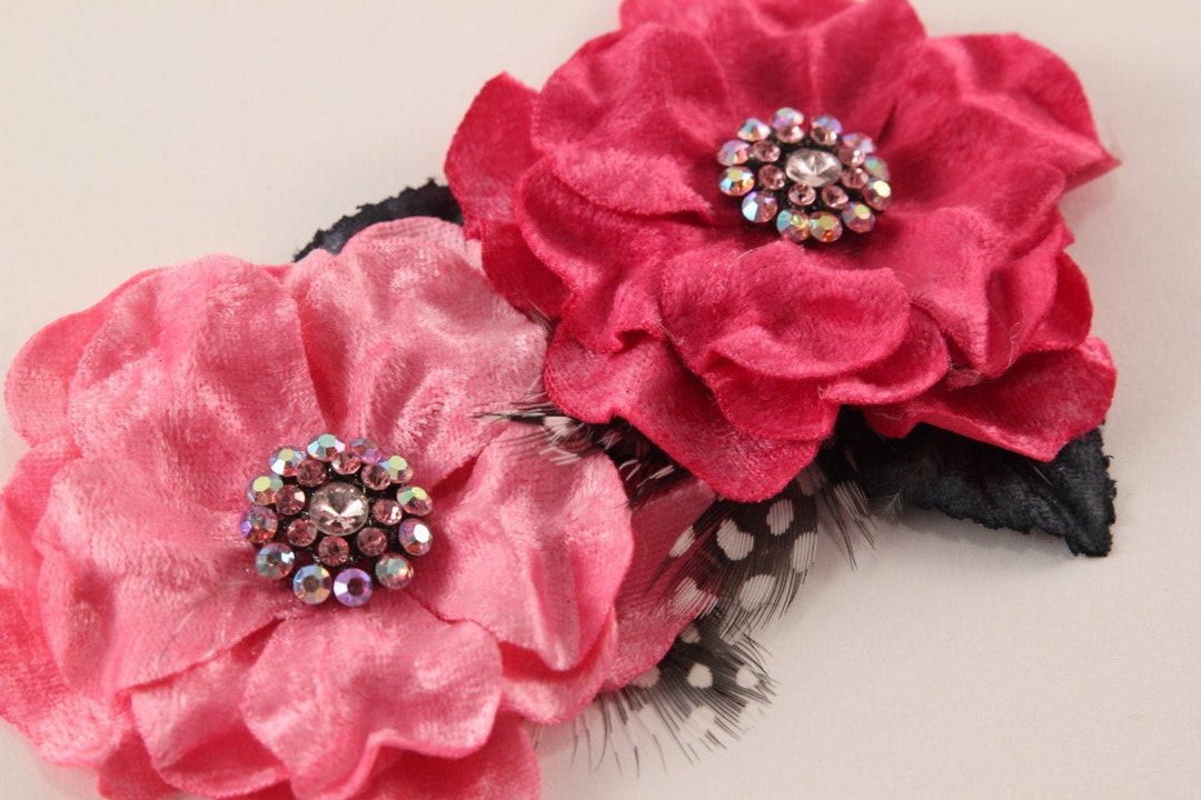 Pink Velvet and Rhinestone Flowers - 2 Pcs - Feathers, Millinery ...