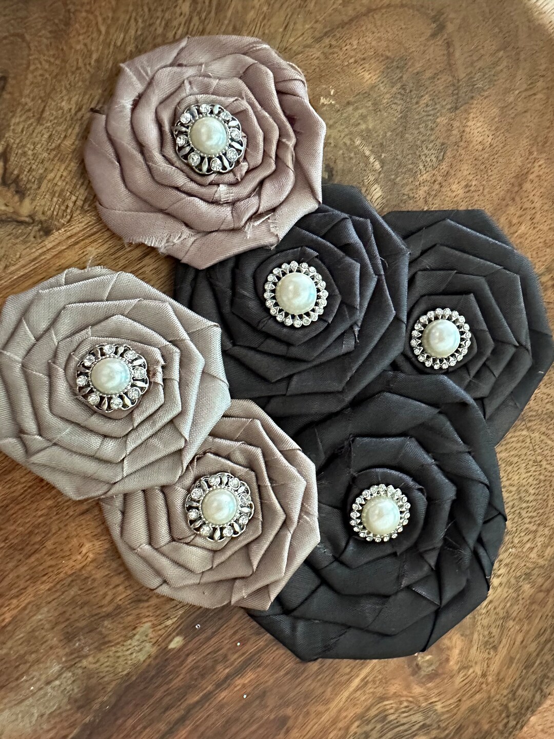 6 Black Gray Silk Fabric Flower Rhinestone Pearl - Millinery ...