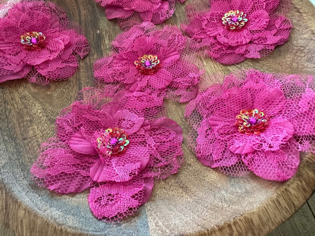 6 Pink Lace Flowers Sequin Center - Millinery, Flower, Pin, Bows ...