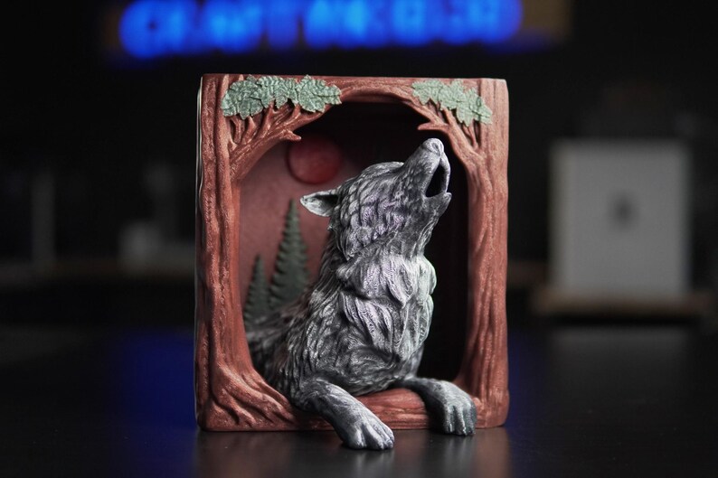 Howling Wolf Book Nook Fantasy Bookshelf Insert With Blood Moon ...