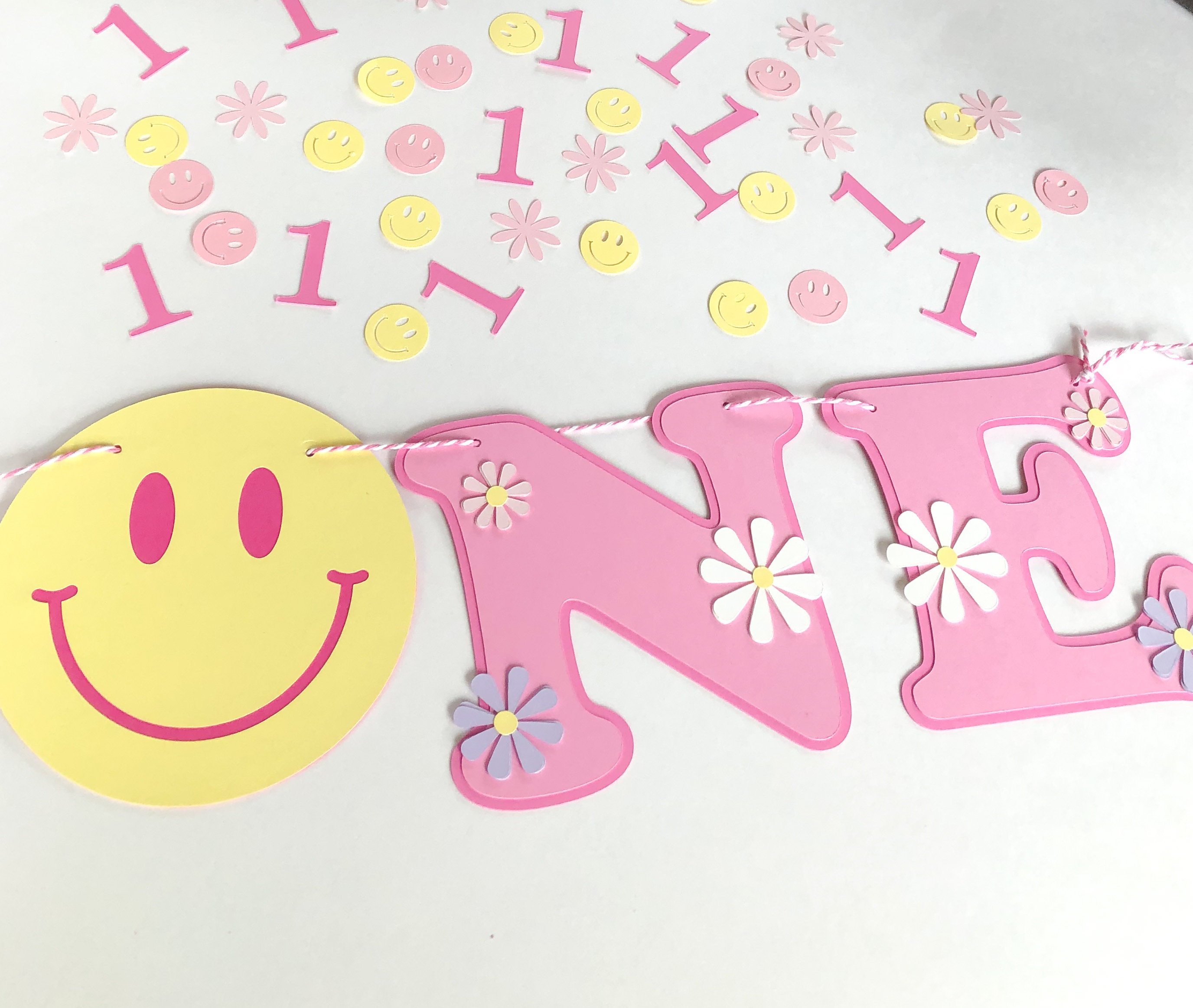 One Pink Smiley Happy Face Garland, One Happy Girl Highchair Banner ...