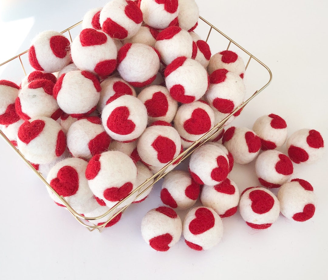 Valentine Heart Wool Felt Ball/valentine Decor/ Wool Ball White With ...