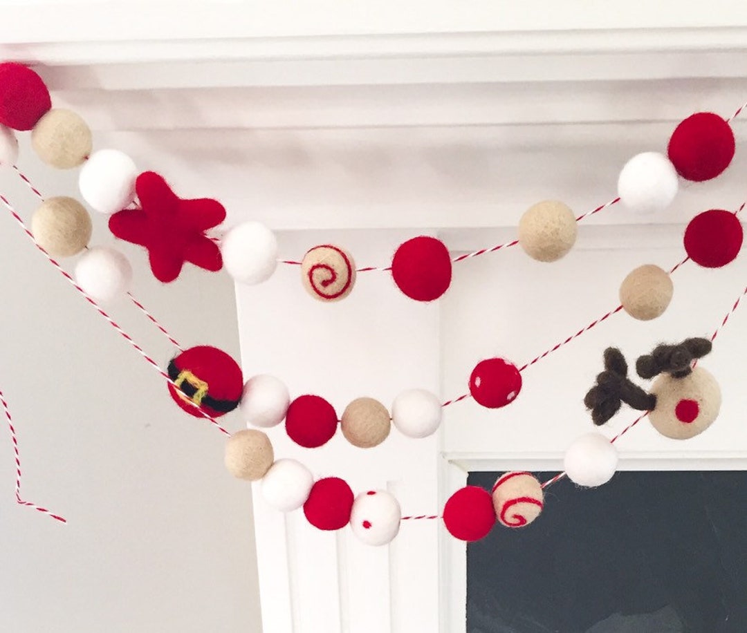 Santa Reindeer Christmas Holiday Felt Ball Pom Pom Garland/ Reindeer ...