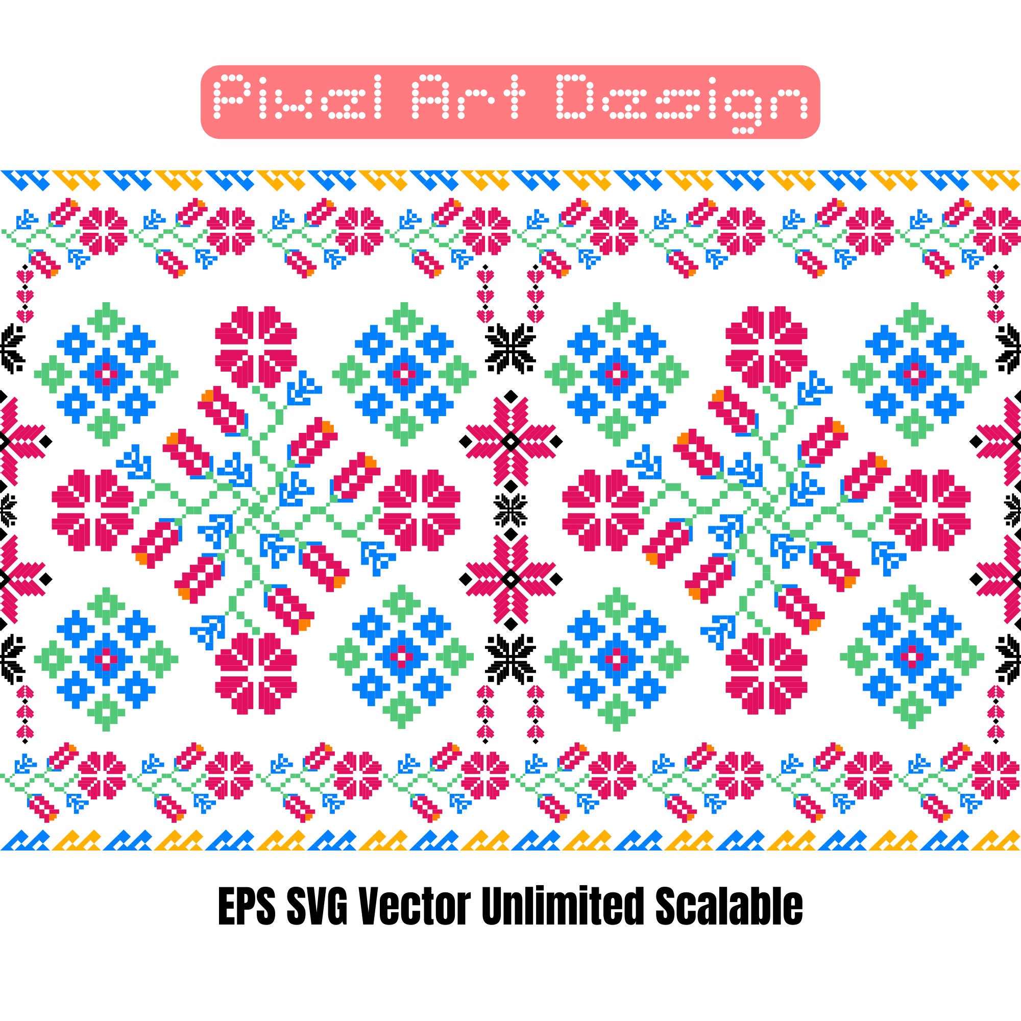 Floral Pixel Art Seamless Pattern, Flower Embroidery Pixel Art, Ikat ...