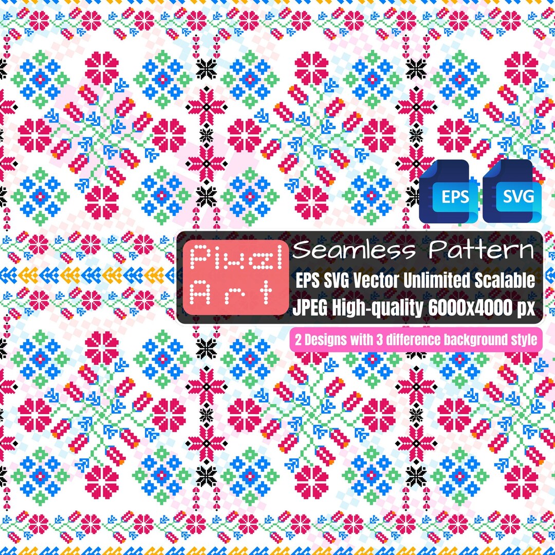 Floral Pixel Art Seamless Pattern, Flower Embroidery Pixel Art, Ikat ...