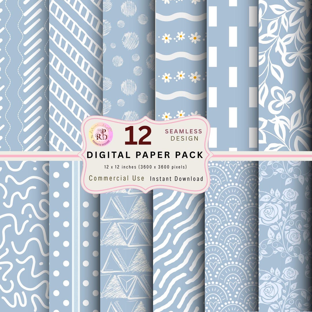 Dusty Blue Digital Paper Pack | Boho Floral & Geometric Patterns (PNG ...