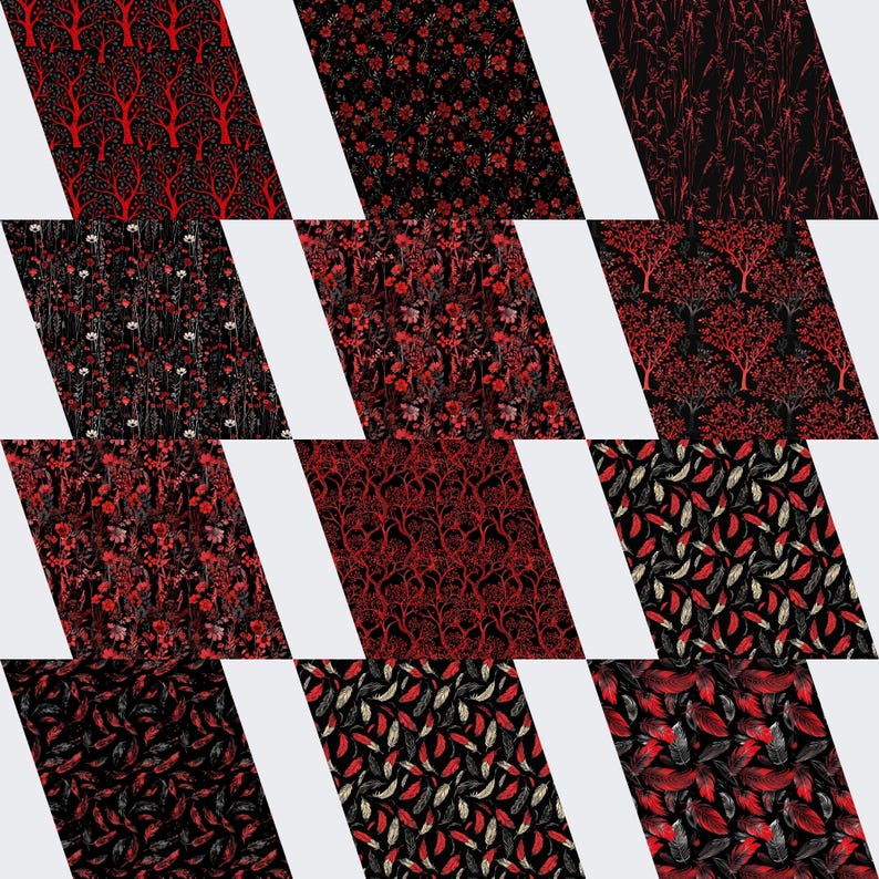 Seamless Digital Paper Red and Black Floral, Printable Scrapbook Paper ...