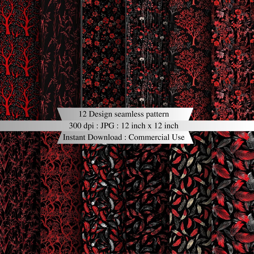 Seamless Digital Paper Red and Black Floral, Printable Scrapbook Paper ...
