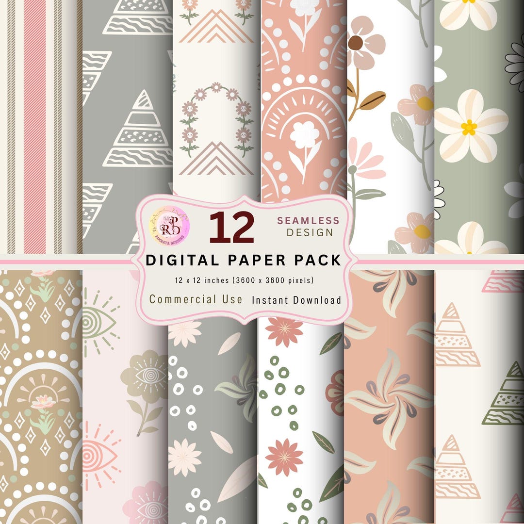 Boho Floral Digital Paper Pack | Sage Green & Blush Pink (PNG Download ...
